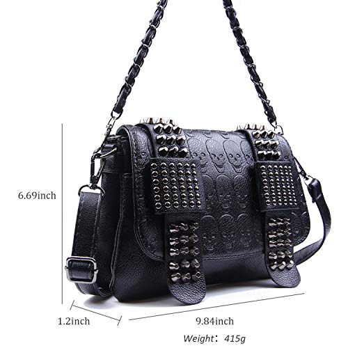 SUKUTU Womens Punk Skull Rivet Shoulder Bag PU Leather Goth Crossbody Bag with Chain Wallet Purse for Girls
