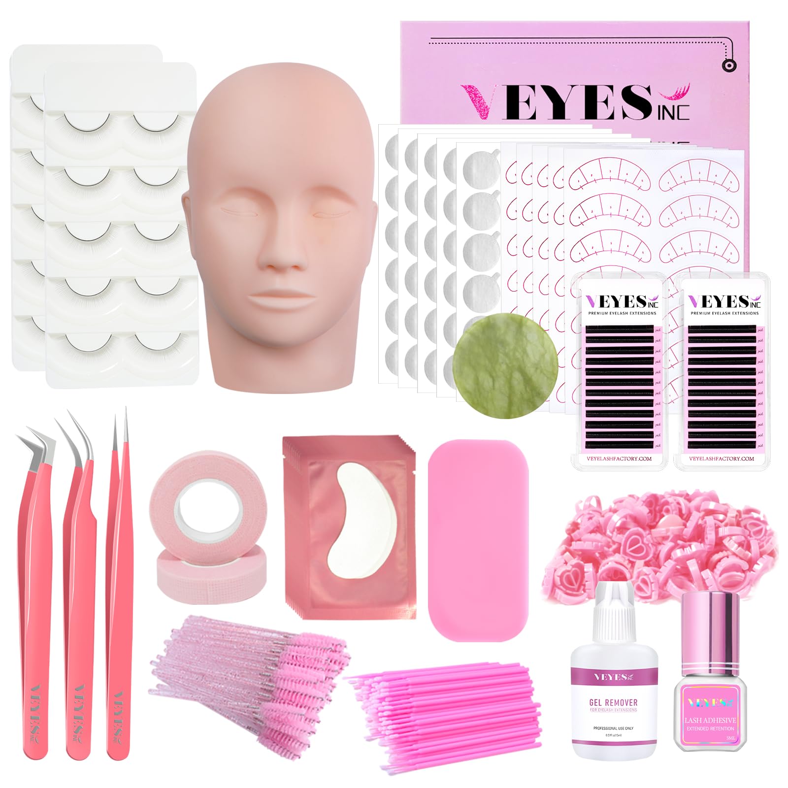 VEYES INC Lash Kit For Eyelash Extensions Beginners, Starter practice lash tech With Mannequin Head Practice Exercise Set, Individual Lashes, Lash Glue, Lash Extension Tweezers