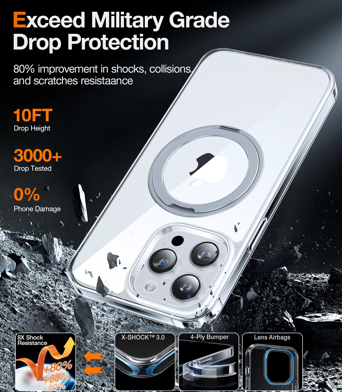 TORRAS 360° Rotatable Ring for iPhone 13 Pro Max Phone Case [Compatible with Magsafe] with Stand, Magnetic Ring Holder Military Grade Shockproof Translucent Back Slim UPRO Ostand Pro,Full Clear