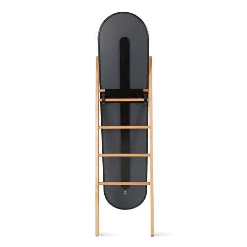 Umbra Hub Floor Length Mirror with Storage Rack, Modern Black Rubber Rim and Solid Wood Storage Ladder, Black/Natural Finish