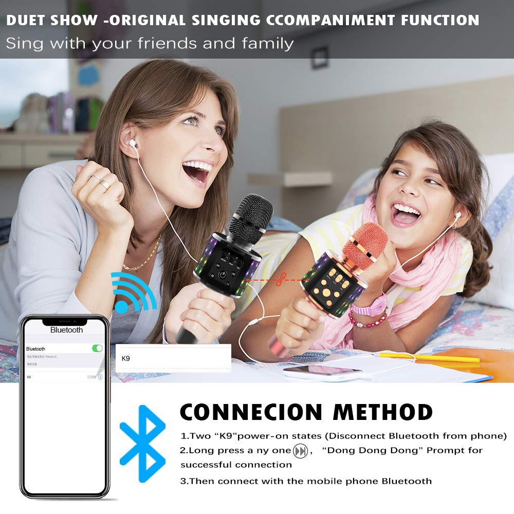 Wireless Bluetooth Karaoke Microphone with Controllable LED Lights, Portable Handheld Funny Microphone for Kids with Dual Sing, Suitable for Christmas Birthdays Family Gatherings Speeches(Black)