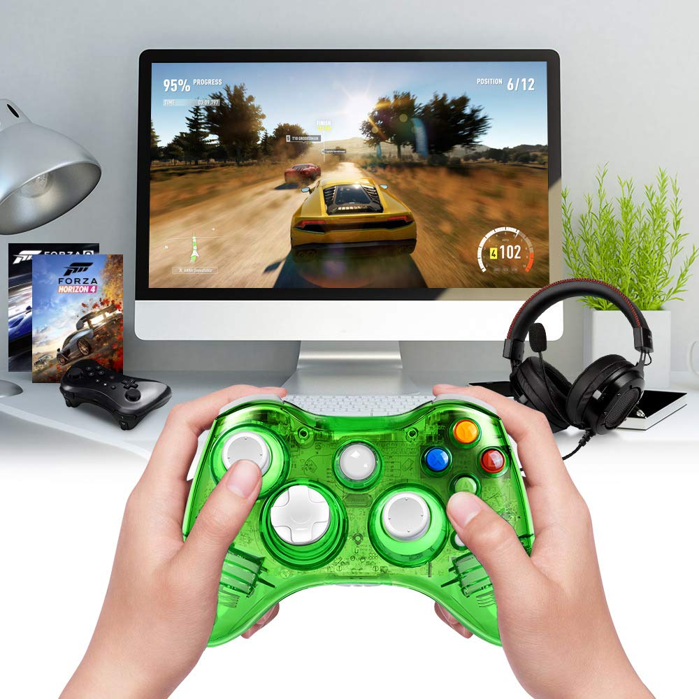Wireless Controller for Xbox 360, PowerLead Wireless Gamepad Vibration Shock for Microsoft Xbox 360/Windows/PC with 7 LED flashing lights (Green)