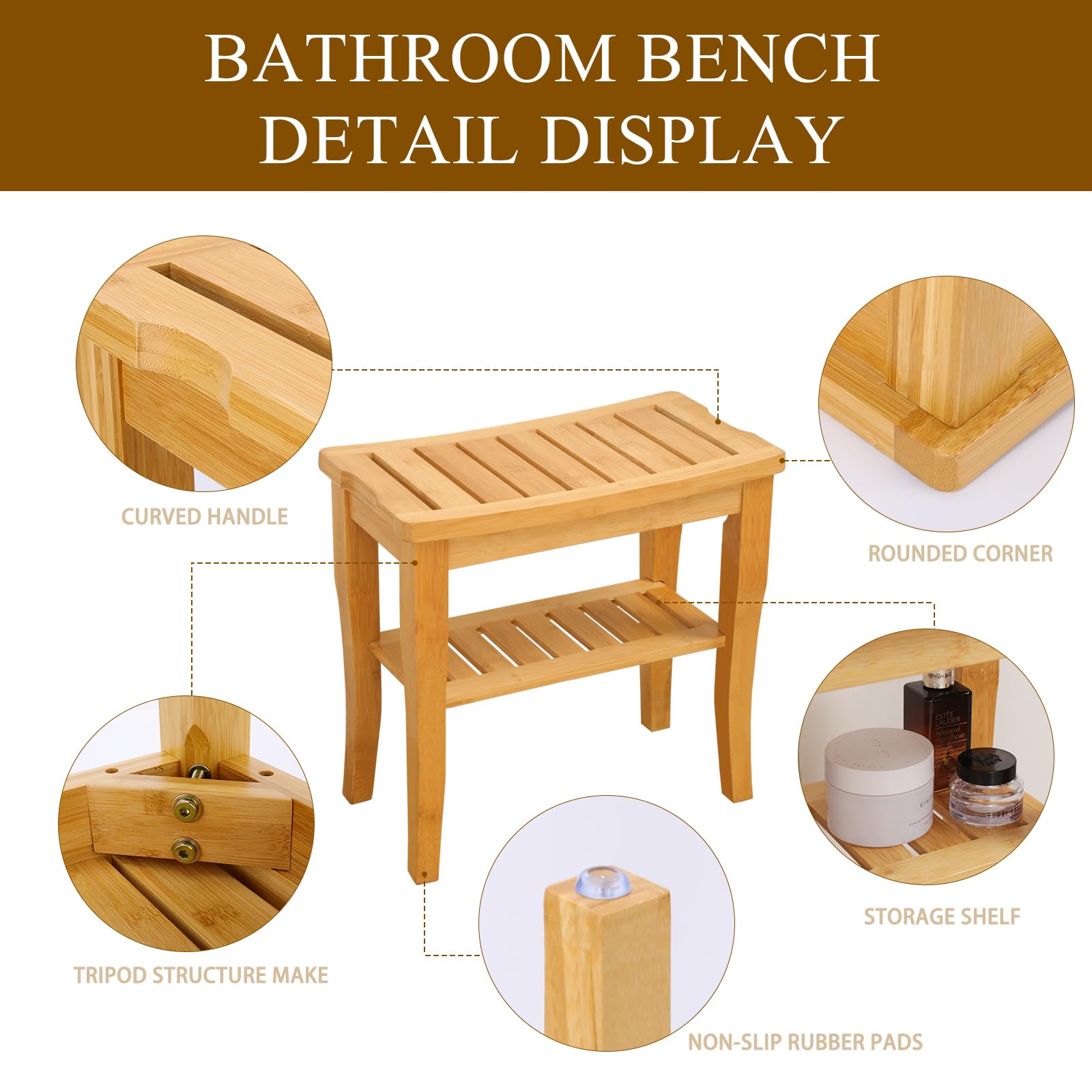 VVW Bamboo Shower Bench with Storage Shelf,19 Inch 2-Tier Wooden Spa Seat Bath Stool for Indoor, Shower Chair Bamboo for Adults Seniors Women Elderly
