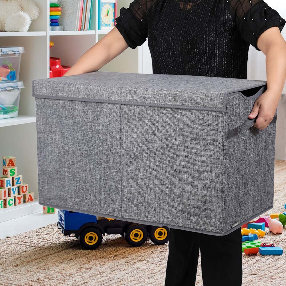 VICTOR'S Kids Toy Box Chest - 2 Pack Large Lightweight Collapsible Toy Storage Organizer Boxes Bins Baskets Dark Grey + Beige, 26.8in x 13.8in x 16in