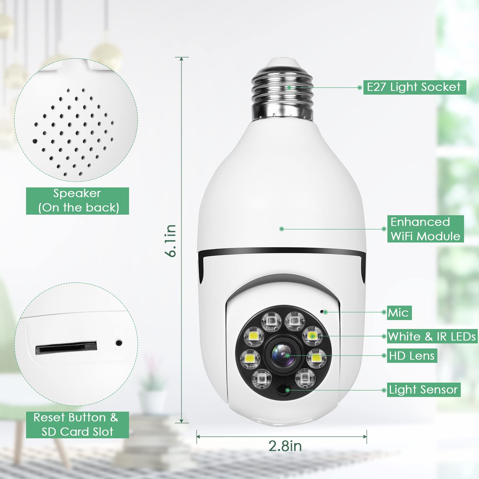 Wyzlink Light Bulb Security Camera,Home WiFi 360 Degree Pan/Tilt Panoramic IP Camera,Wireless Home Surveillance Cameras System with Human Motion Detection and Alarm,Two-Way Audio,Night Vision, 720p