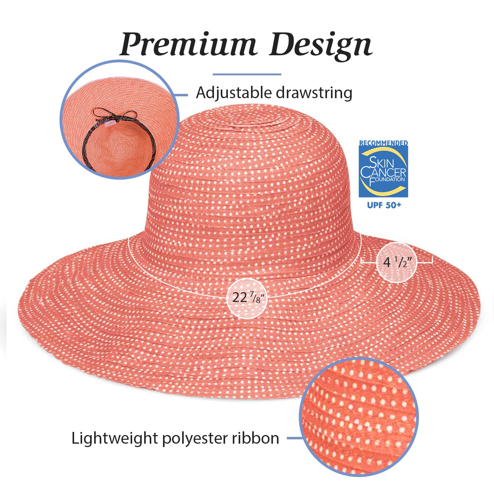 Wallaroo Hat Company Women’s Scrunchie Sun Hat – UPF 50+ Sun Protection, Packable and Adjustable Sizing for Medium Crown Sizes – Sun-Smart Hat for Travel, Poolside, Everyday (White/Black Dots)