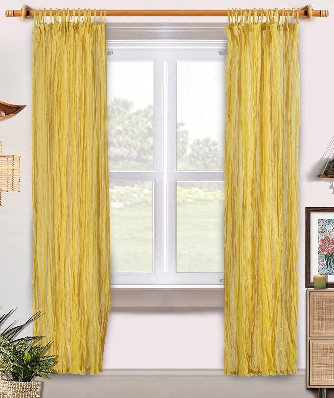 TARAN LIVING Curtains for Living Room 84 Inch Long Vintage Solid Sheer Crinkle Panels Gift for Mothers Day Door Light Filtering Rod Pocket Boho Curtains for Bedroom - 40"x84" inch - Set of 2, Yellow
