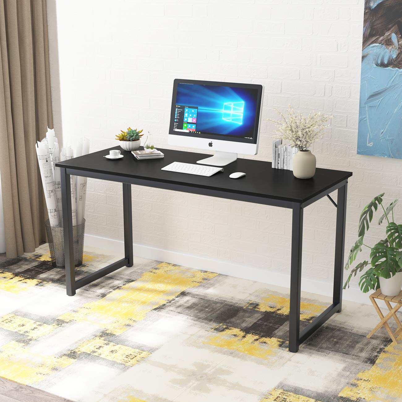 SogesPower 55 inches Modern Computer Desk PC Office Desk Study Desk Writing Table Multi-Purpose Workstation for Home Office Gaming Computer Desk, Black, SPGC-P2JJ-140BK
