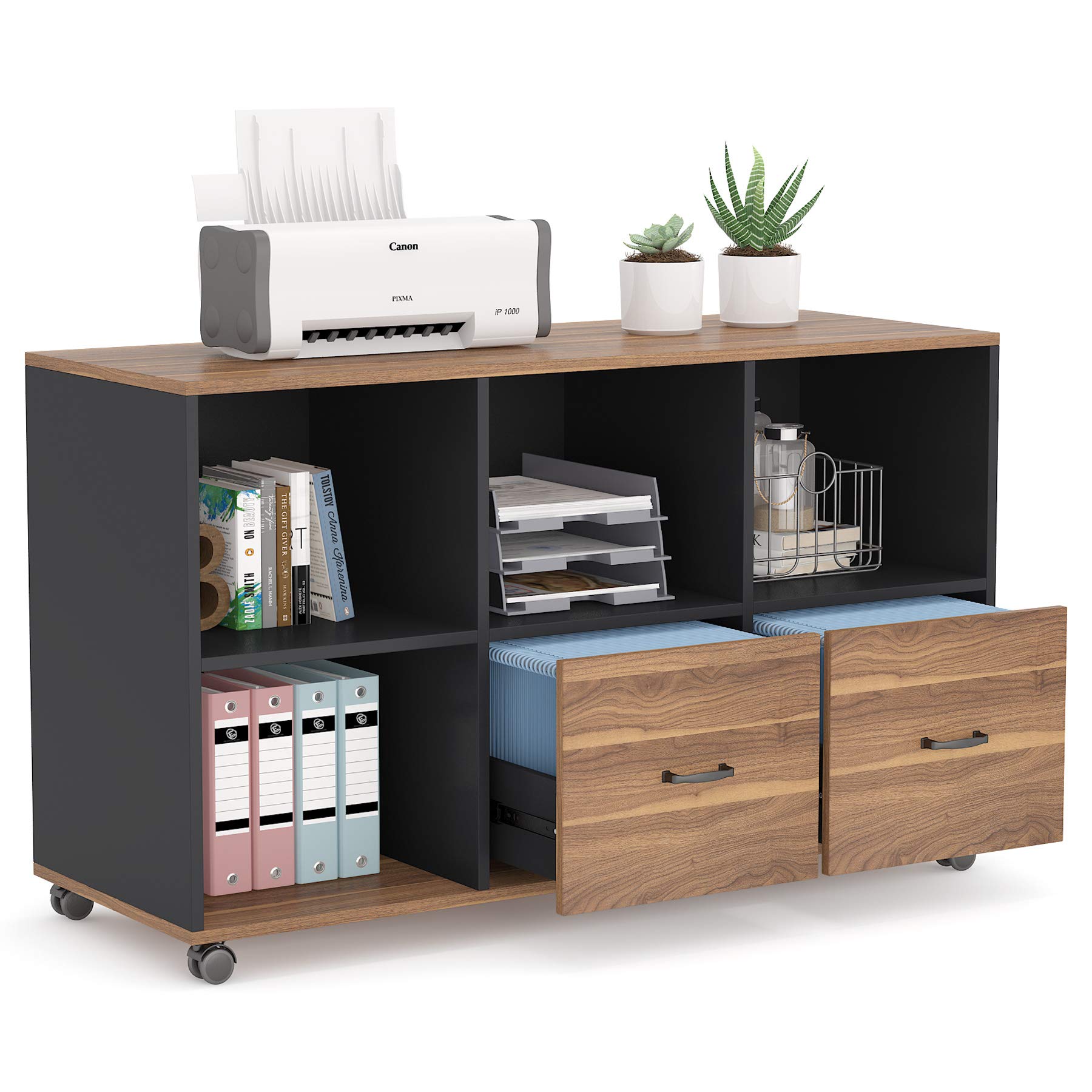 Tribesigns 2 Drawers Lateral File Cabinets, Home Office 43-inch Mobile Wood Filing Cabinet Printer Stand with Wheels and Open Storage Shelves,Drawers for Letter Size (Walnut)