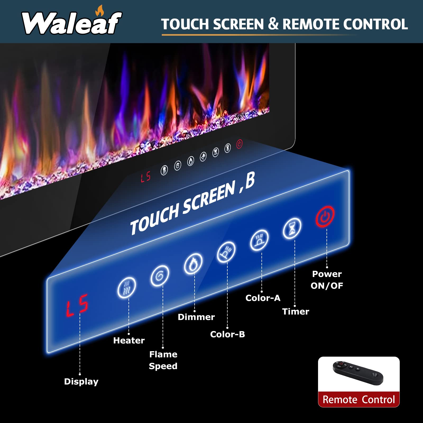 Waleaf 60 inch Ultra-Thin Electric Fireplace Wall Mounted and Recessed,Fireplace Heater with Multicolor Flame fit for 2 x 4 and 2 x 6 Stud, Remote Control Touch Screen,Timer,Low Noise,750/1500W