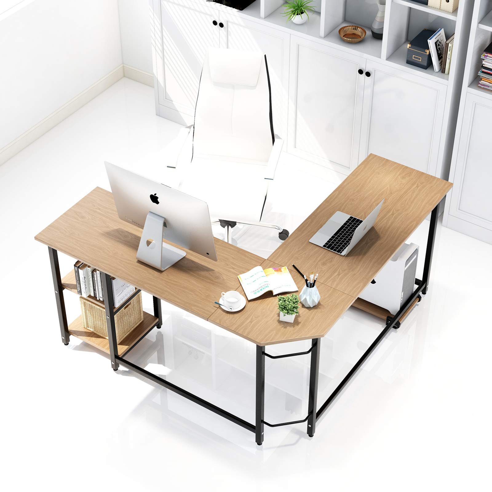Twomaples L-Shaped Desk with Storage Shelves - Computer Corner Desk for Small Space,Home Gaming Desk Study Writing Table with Bookshelves/CPU Stand Modern Steel Frame Wood Desk Home Office Workstation