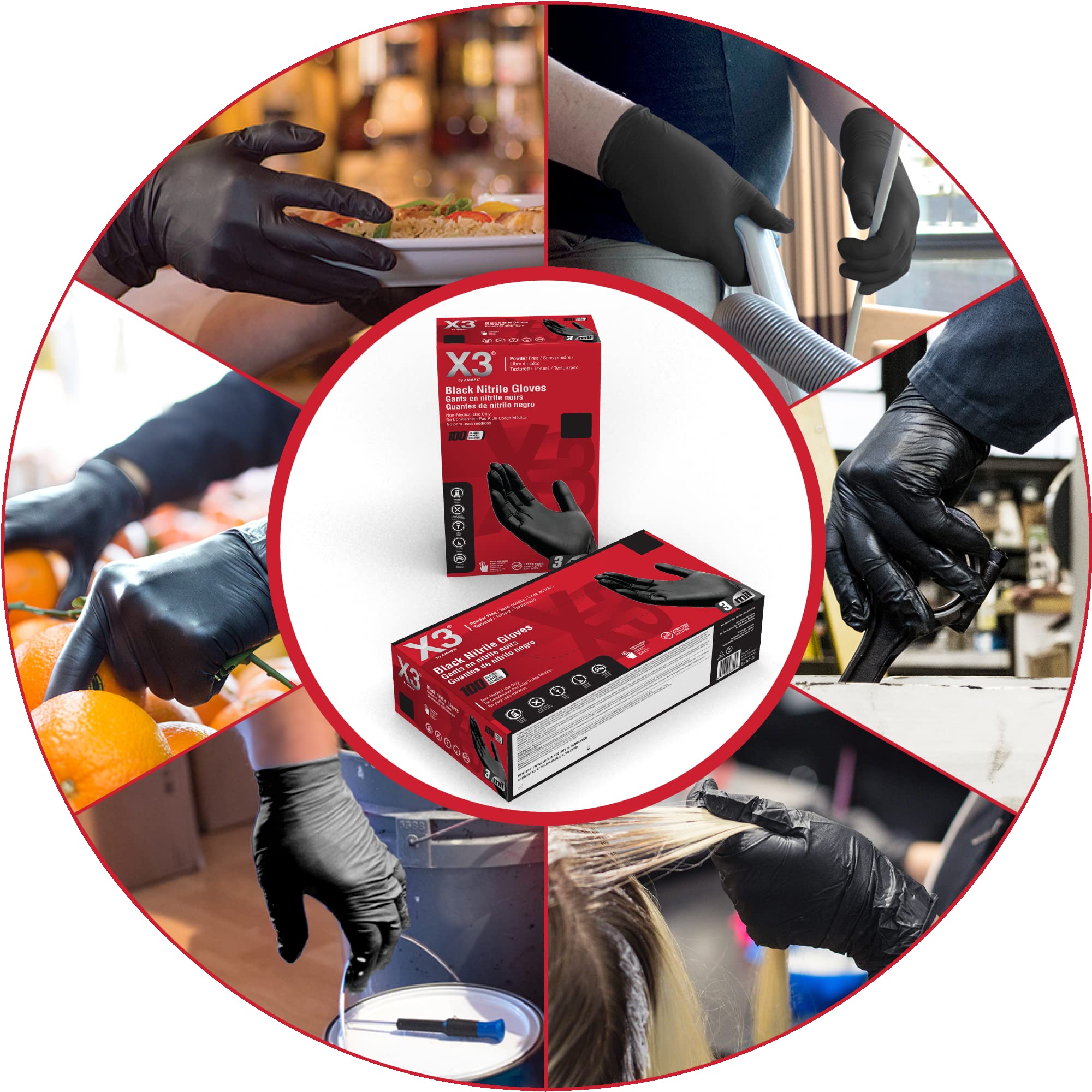 X3 Black Nitrile Disposable Industrial Gloves, 3 Mil, Latex/Powder-Free, Food-Safe, Non-Sterile, Textured, Small, Box of 100