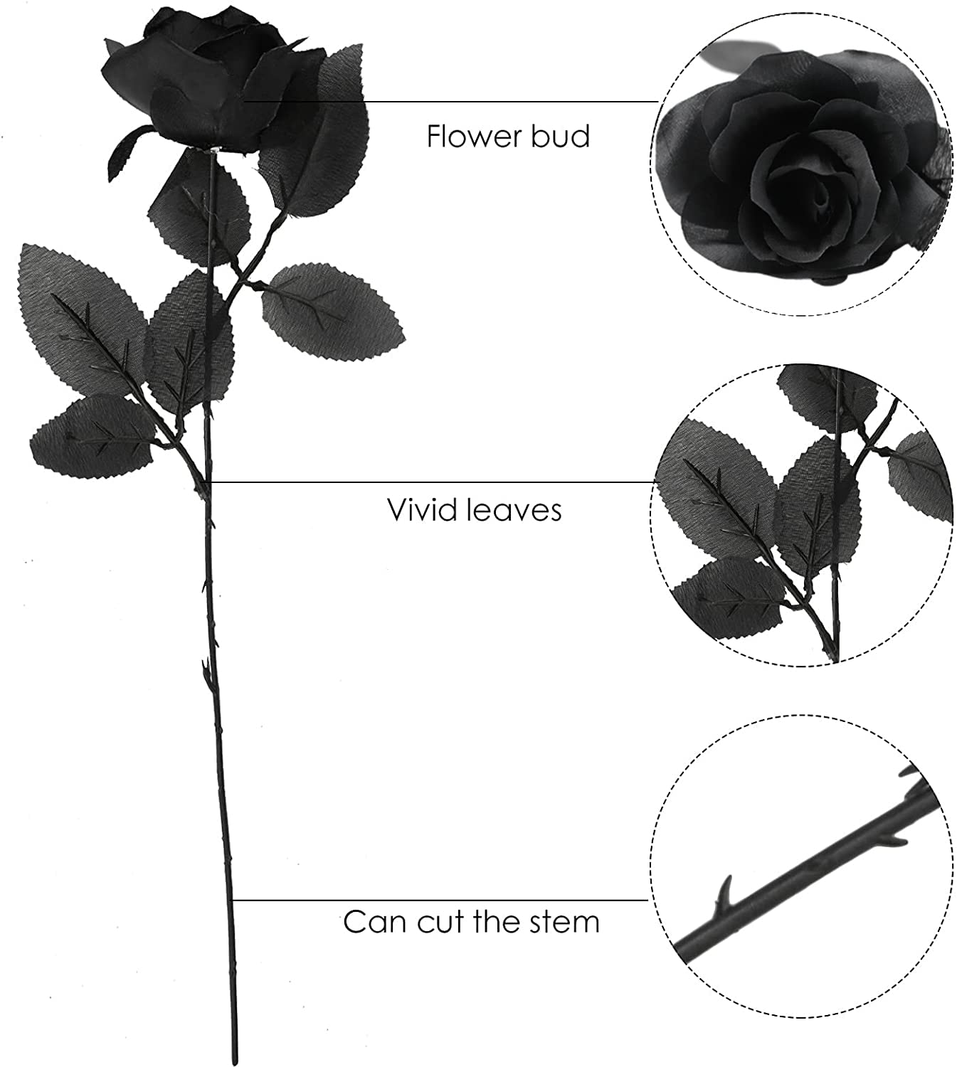 TUZAZO 10pcs Black Roses Artificial Flowers with Stems, Faux Silk Flowers Bridal Gothic Wedding Bouquet, Realistic Blossom Flora for Home, Office, Hotel Decorations