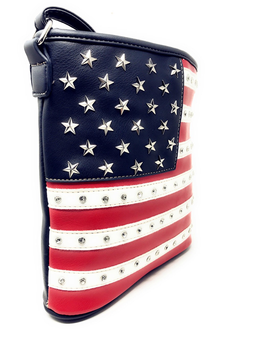 Western Tooled Leather American Flag Rhinestone Concealed Crossbody Messenger Bag (Red)