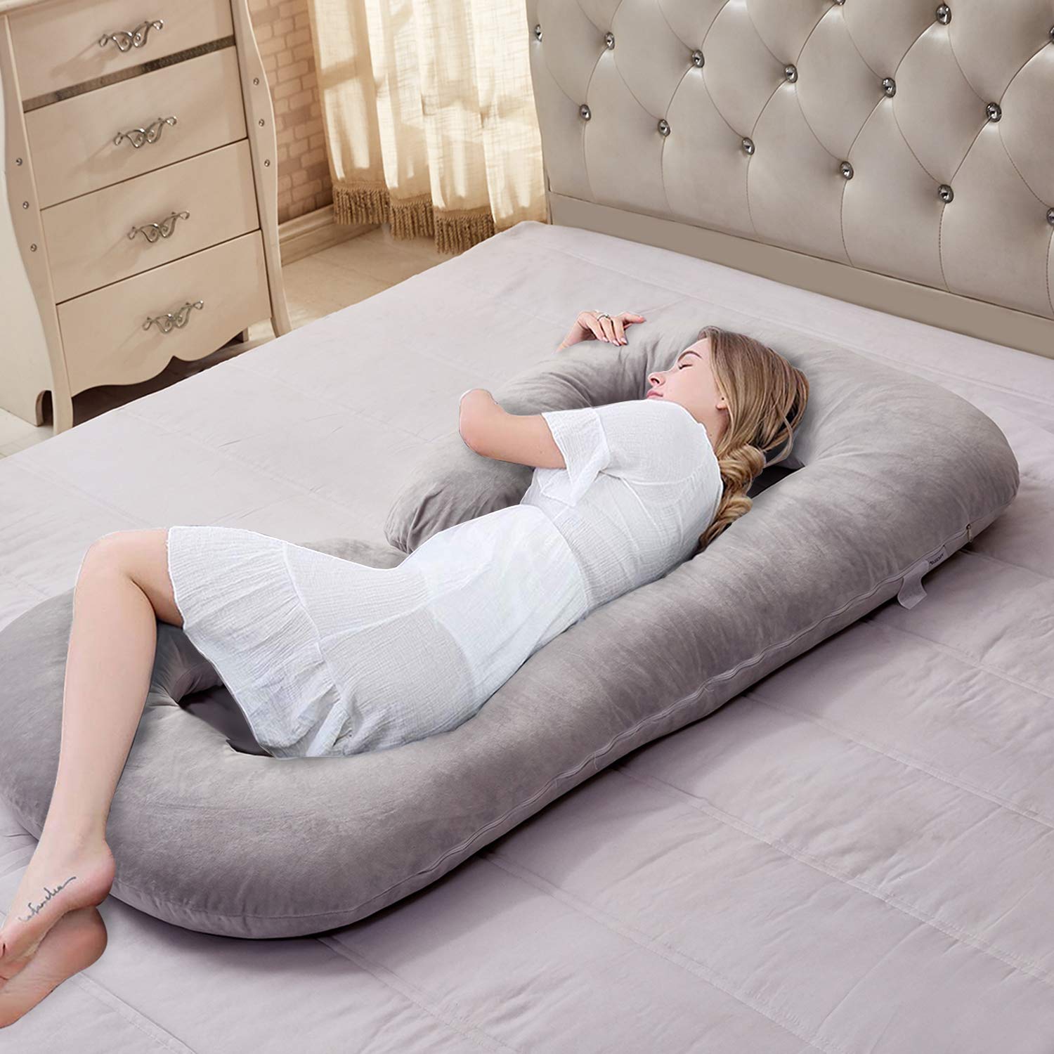 VECELO C-Shaped Pregnancy Full Maternity Pillow with Zipper Removable Cover, Body Pain Relief, Gray