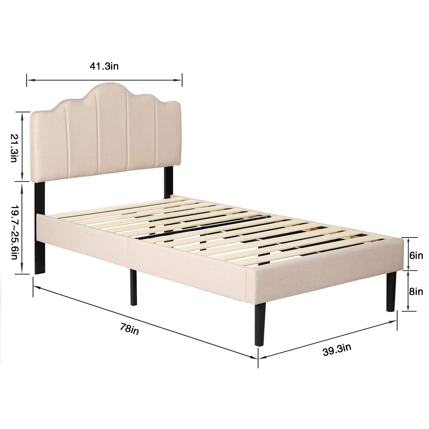VECELO Twin Size Upholstered Platform Bed Frame with Adjustable Headboard, Wood Slat Support and Noise-Free, No Box Spring Needed, Easy Assembly