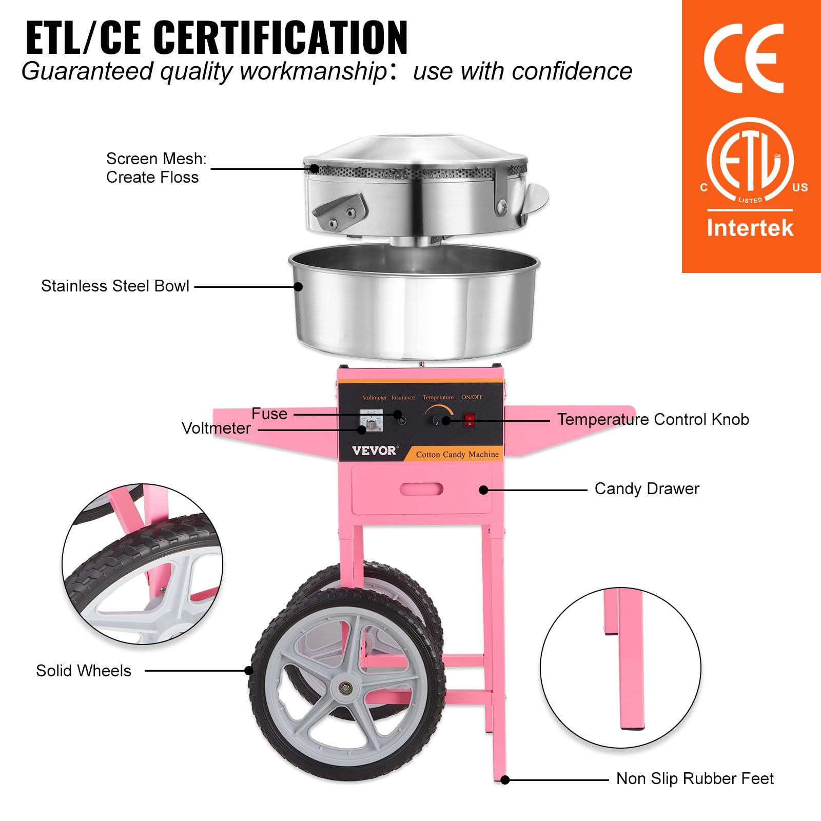 VBENLEM Commercial Cotton Candy Machine with Cart (New Version), Electric Floss Maker with Stainless Steel Bowl, Sugar Scoop and Drawer, for Family and Various Party, Bright Pink