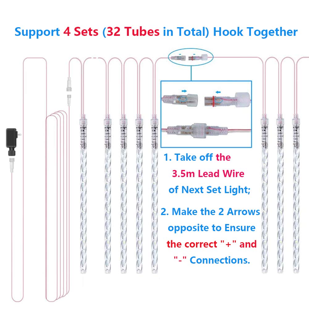 Vikdio Meteor Shower Rain Lights, 30cm 8 Spiral Tubes 240 LEDs 2.45m Lit Length Waterproof Snowfall LED Lights for Wedding Christmas Garden Tree Home Decor, Support 4 Sets Connected (White)