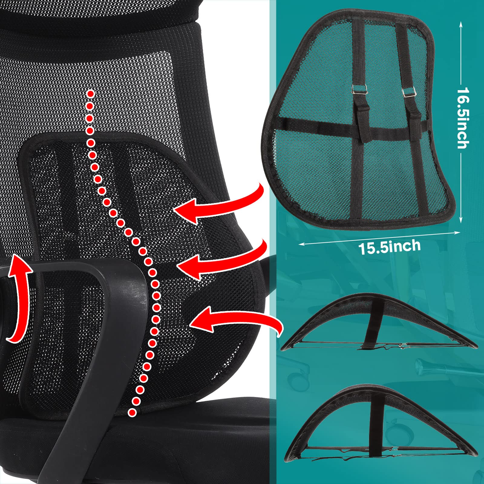 Wesiti 4 Pieces Mesh Lumbar Support for Car Seat with Breathable Mesh and Adjustable Straps Back Lumbar Support for Car Office Chair, 15'' x 16''