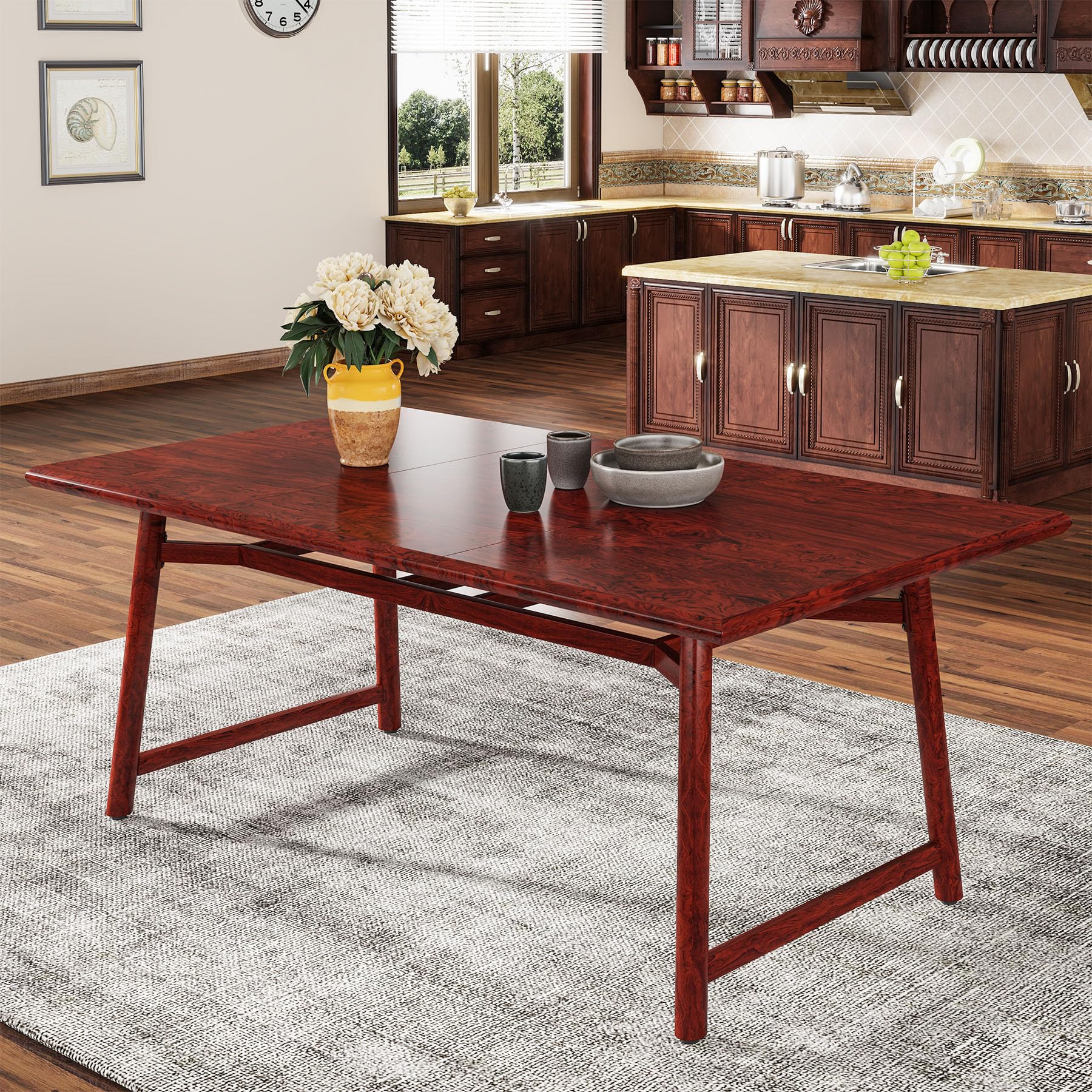 Tribesigns 63" Dining Table for 4-6, Rectangular Kitchen Table with Heavy-Duty Metal Legs, Wood Dinner Table for Kitchen or Dining Room, Easy Assembly, Classic Cherry Red