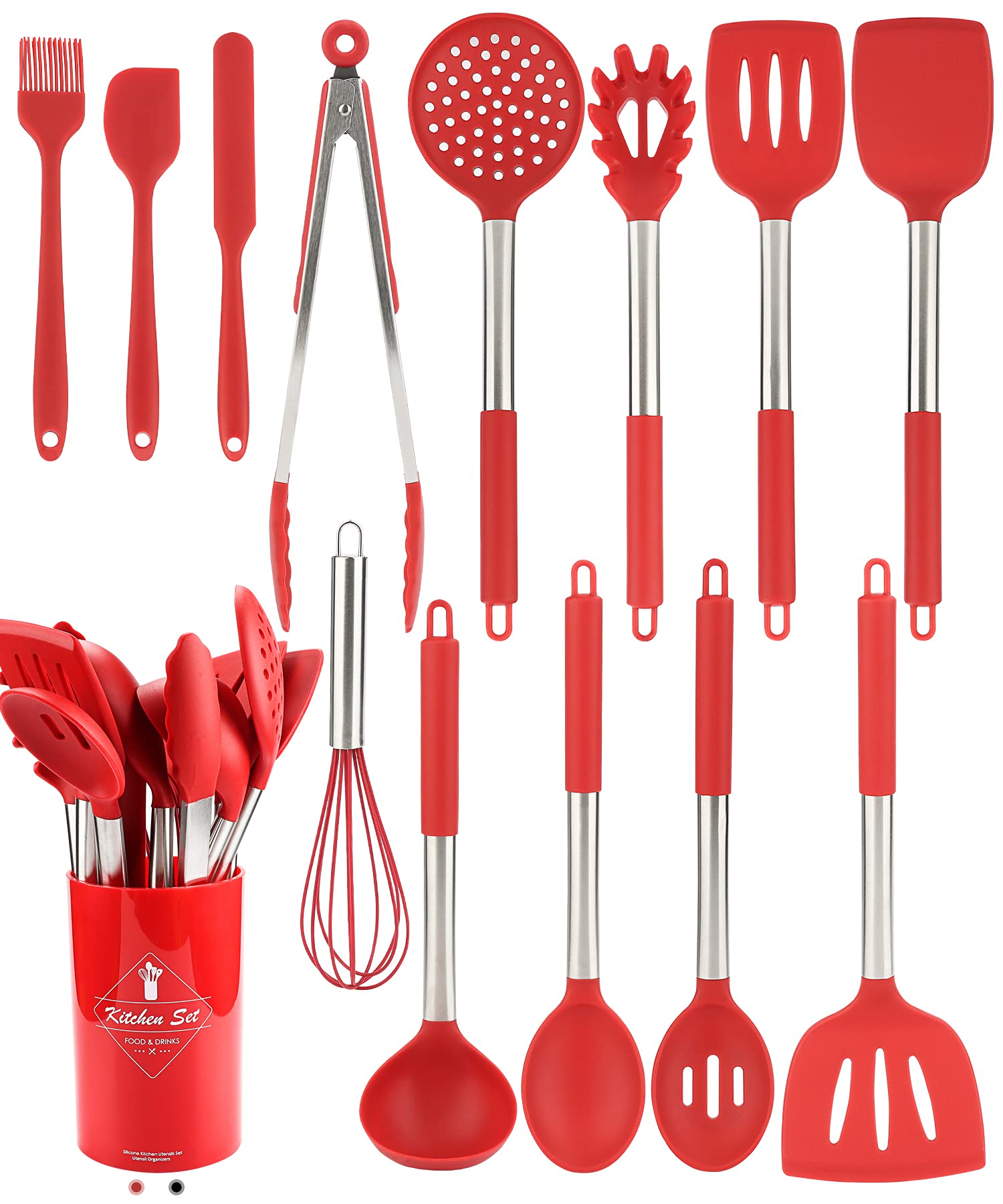 Silicone Cooking Kitchen Utensils Set- 392℉ Heat Resistant Dishwasher Safe Kitchen Utensils Sets for Cooking with Stainless Steel Handle Kitchen Gadgets Tools for Nonstick Cookware Set with Holder
