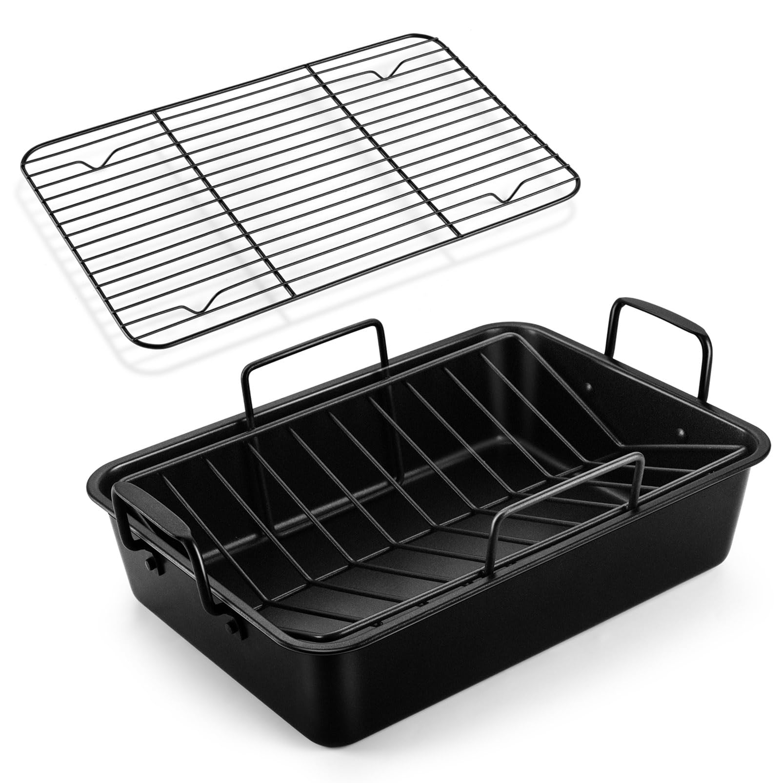 TeamFar Roasting Pan, 15āā Nonstick Deep Lasagna Brownie Turkey Pan with V-Shaped Rack & Cooling Rack, with Stainless Steel Core & Nonstick Coating, Healthy & Sturdy Handles, Easy to Clean, Set of 3