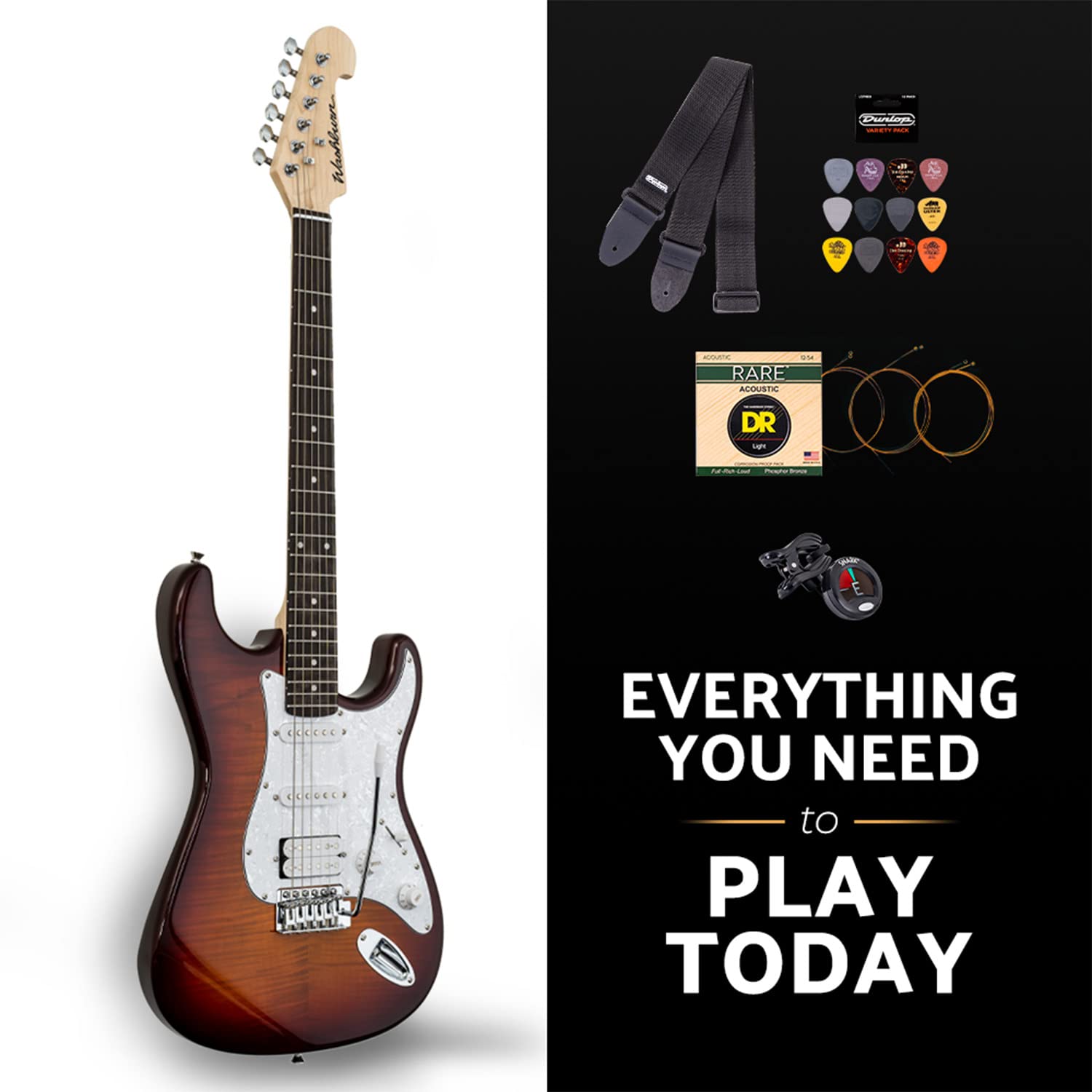 Washburn Sonamaster Electric Guitar Bundle in Sunburst with Flame Maple Veneer Top and H-S-S Pickups, Includes Strap, Picks, Clip-On Tuner and Extra Set of Strings (SDFSB-BNDL)