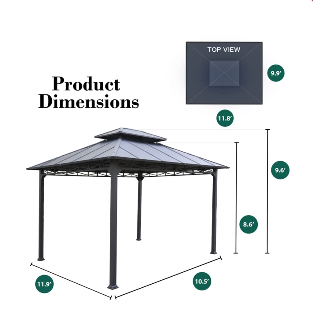 ZHYH 12 Ft. X 10 Ft. Black 2-Tier Double Roof Metal Hard Top Gazebo with Curtains and Netting