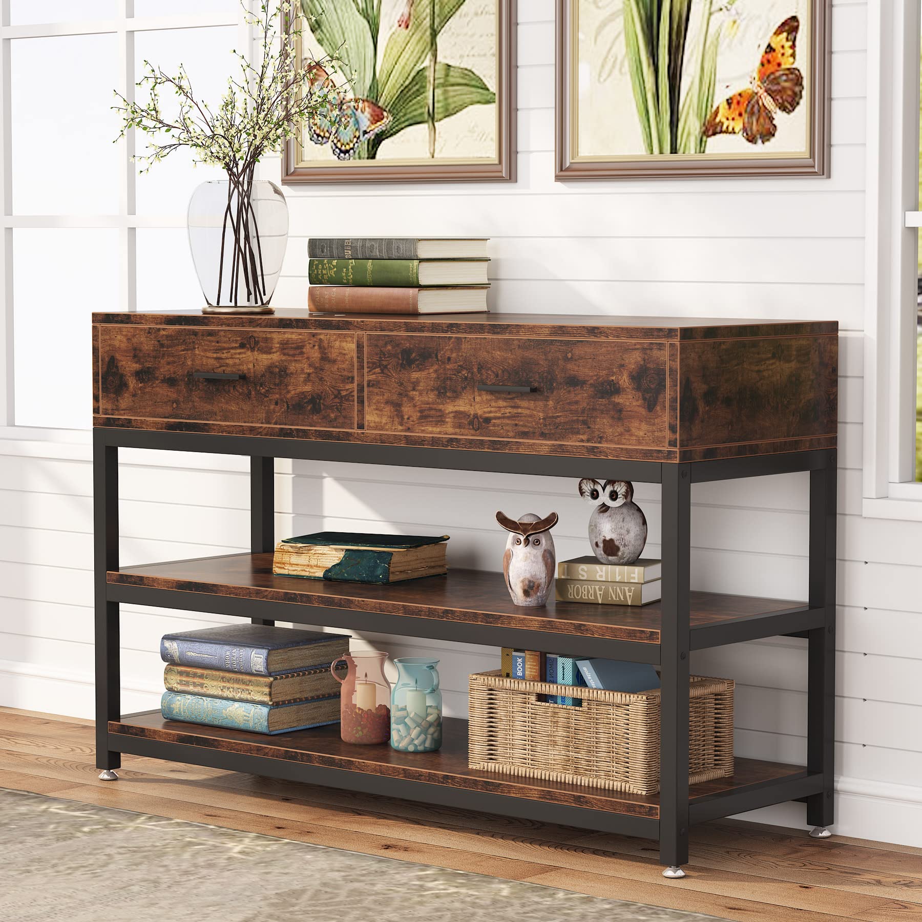 Tribesigns Rustic Console Sofa Table with Drawers, Industrial TV Stand 2 Shelf Hallway Entryway Table with Storage