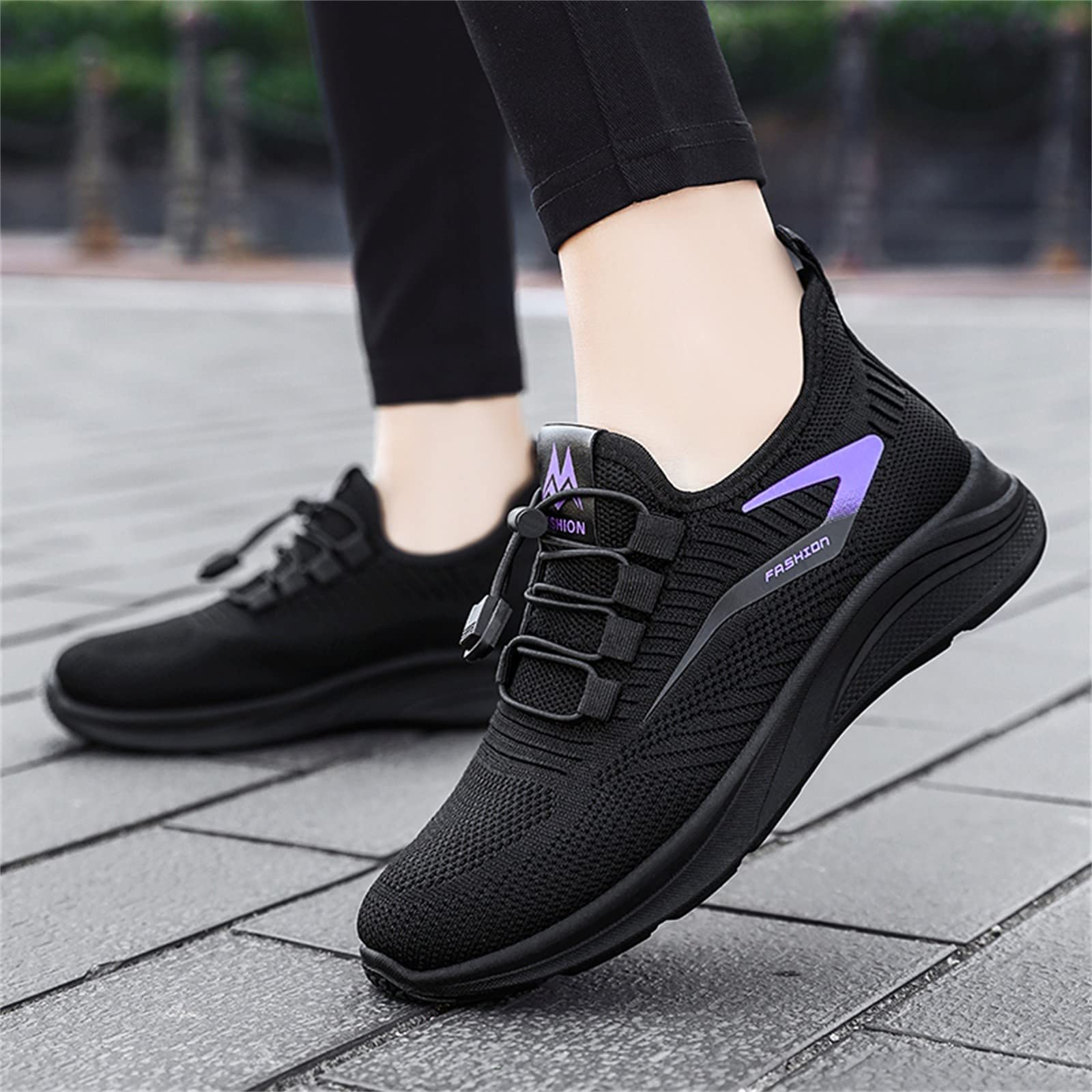 Womens Fashion Sneakers Mesh Breathable Elastic Adjustable Slip-On Running Shoes Durable Casual Non Slip Low Top Tennis Shoes,Black,7