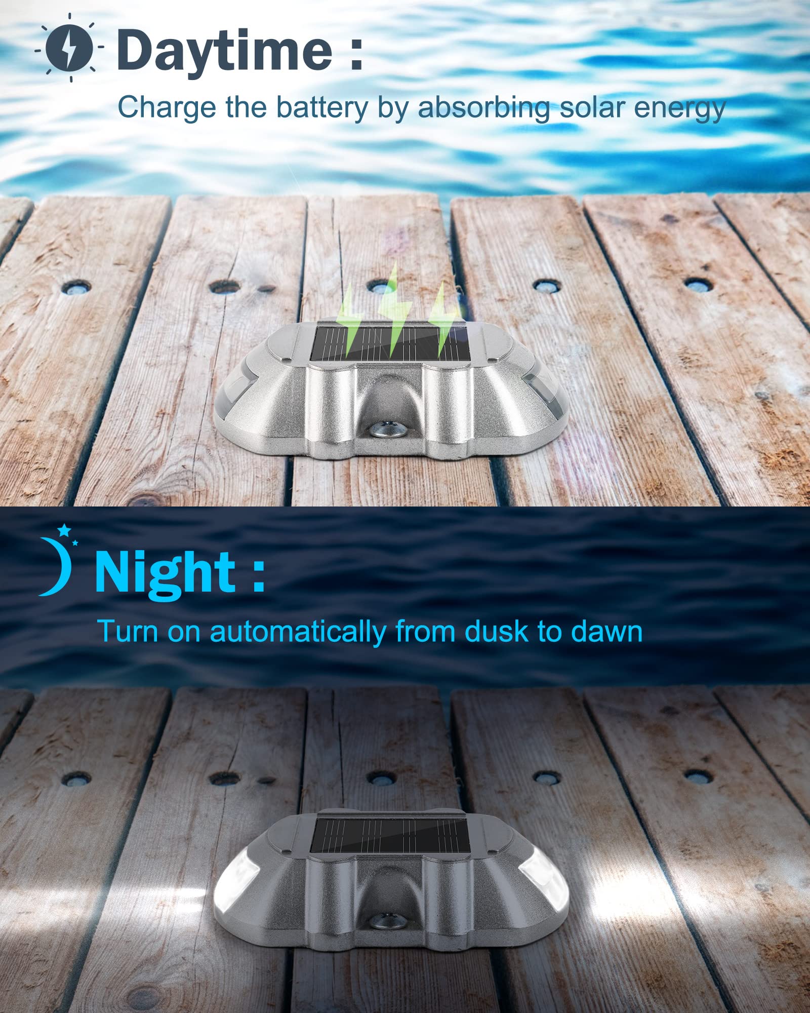 Solar Dock Lights Marine Waterproof LED, Solar Driveway Lights Outdoor Solar Powered Road Marker Pathway Walkway Deck Step Lights for Path Road Garden Lakeside Sidewalk (Cool White, 8-Pack)