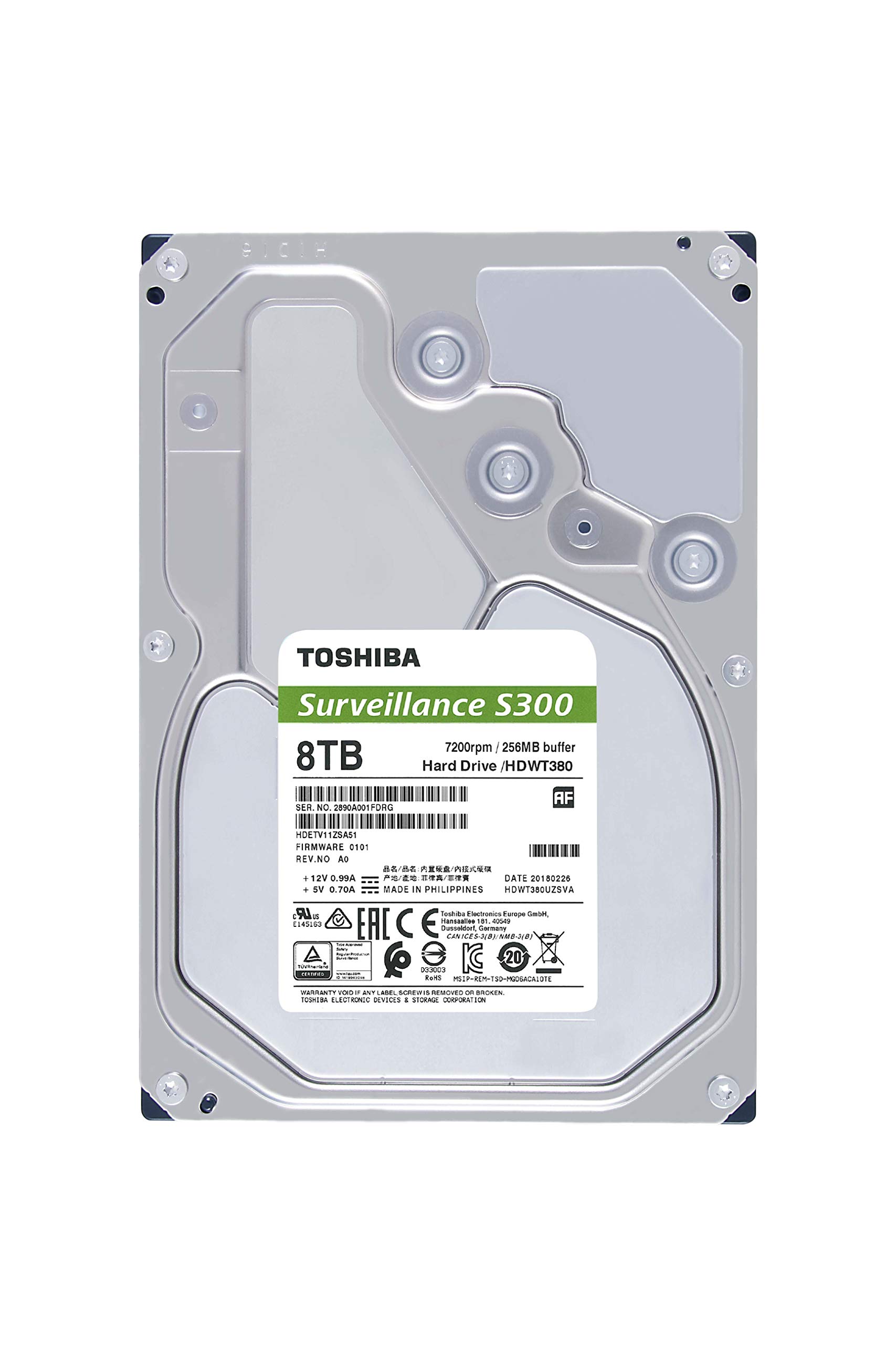 Toshiba S300 8TB Surveillance 3.5” Internal Hard Drive – CMR SATA 6 Gb/s 7200 RPM 256MB Cache - HDWT380UZSVAR