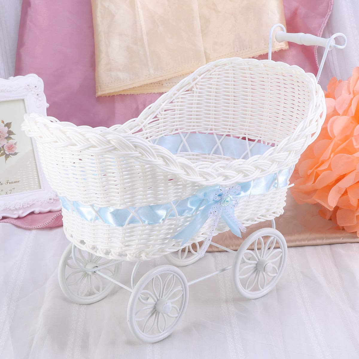 Tricycle Stroller Wicker Stroller Baby Shower Wedding Centerpiece Stroller Party Favors (Blue) Rattan Decor