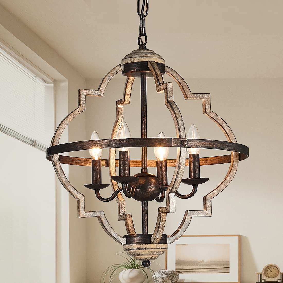 TZOE Orb 4-Light Metal Chandelier，Rustic Vintage Chandelier，Stardust Finish，Foyer Light，Adjustable Height，Dining Room Lighting Fixtures Hanging，Living Room Light，Kitchen Chandelier UL Listed