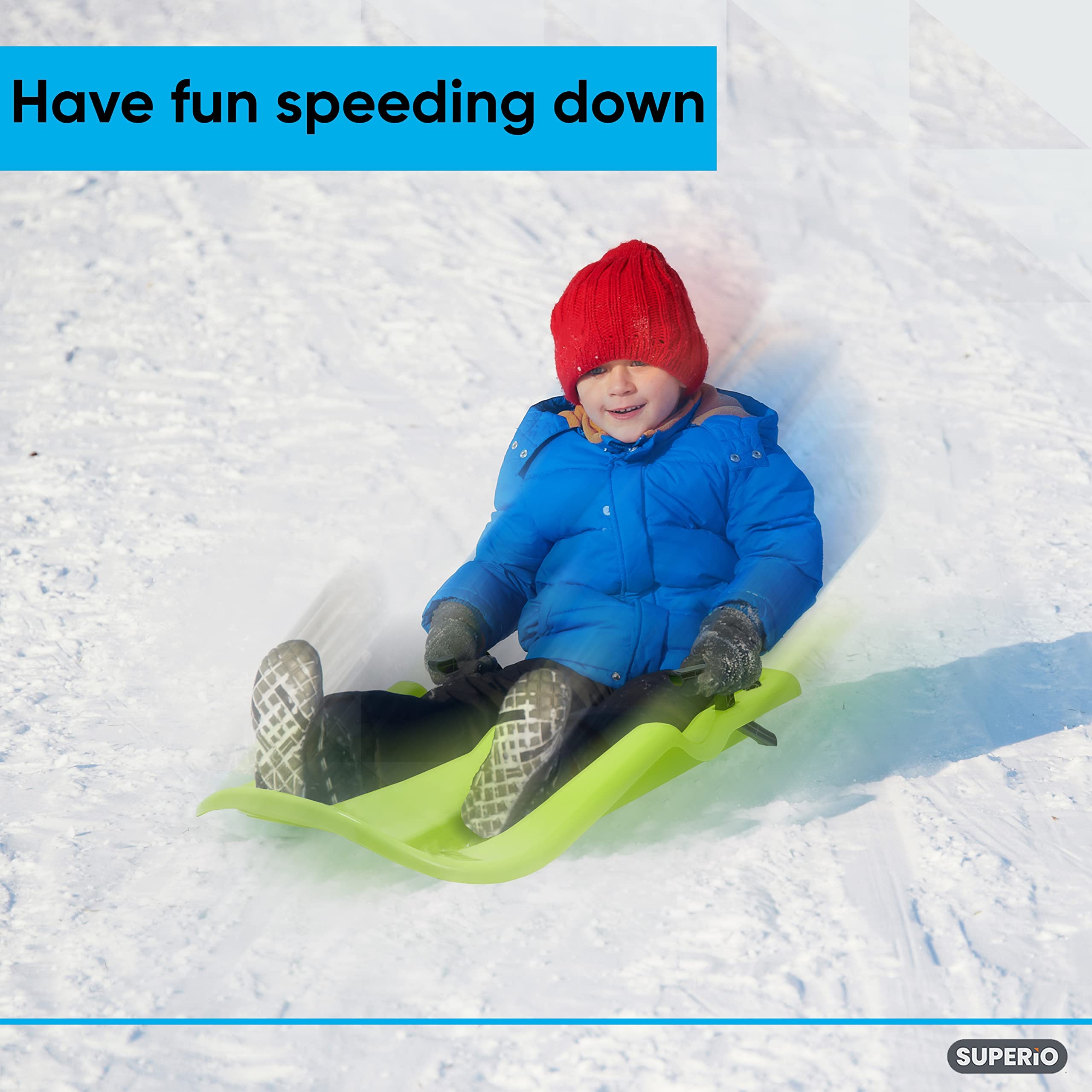 Superio Downhill Snow Sled with Brake Handles for Kids, 35β Toboggan Plastic Sleigh with Pull Rope, Green. (2)
