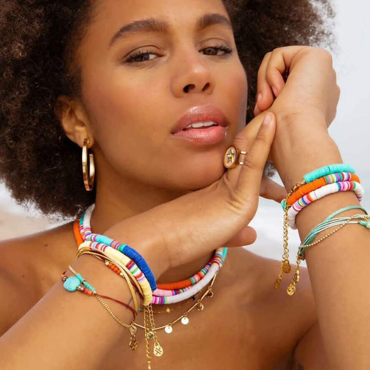 Surfer Necklace Bracelet for Women - Heishi Beaded Necklaces Colorful Stretch Bracelet Stack Jewelry Set for men 10 pcs