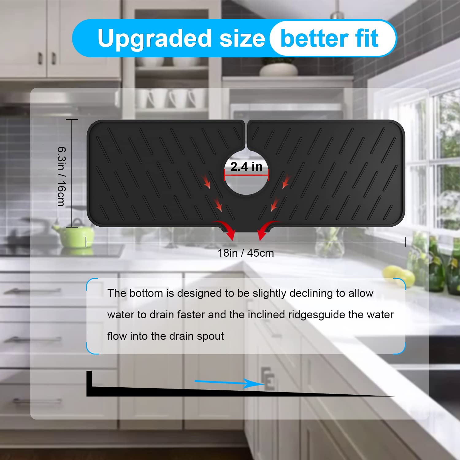 Silicone Sink Splash Guard, 17.7” x 5.5” Faucet Water Catcher Mat, Slope Type Design Longer kitchen Sink Mat, Faucet Handle Drip Catcher Tray Mat for Kitchen Countertop-Faucet Splash Guard
