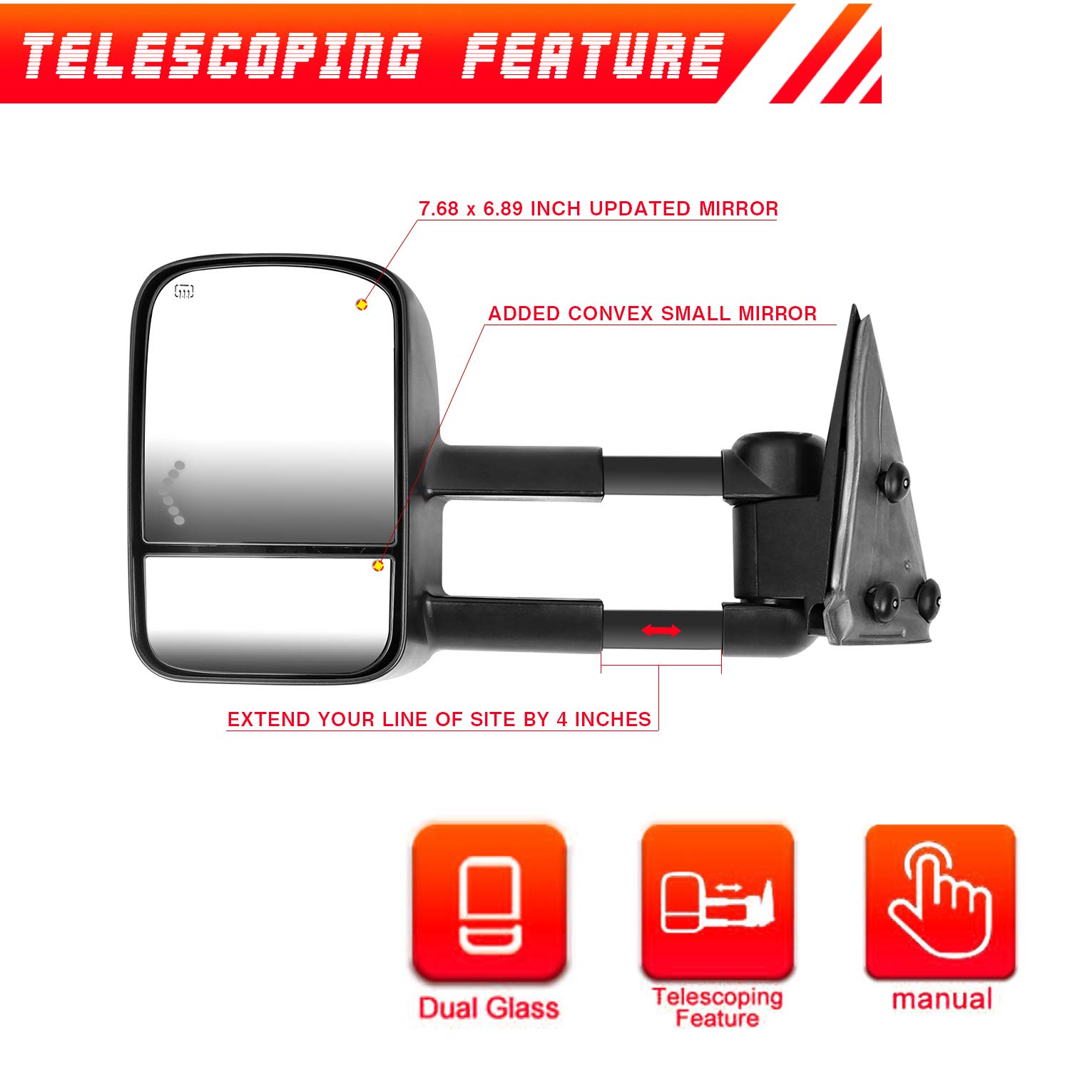Towing Mirrors for Chevy Silverado, AAIWA Side Mirror for GMC Sierra, Power Heated Tow Mirrors with Arrow Signal Light for 2003-2007 GMC Sierra Silverado, 2 PCS
