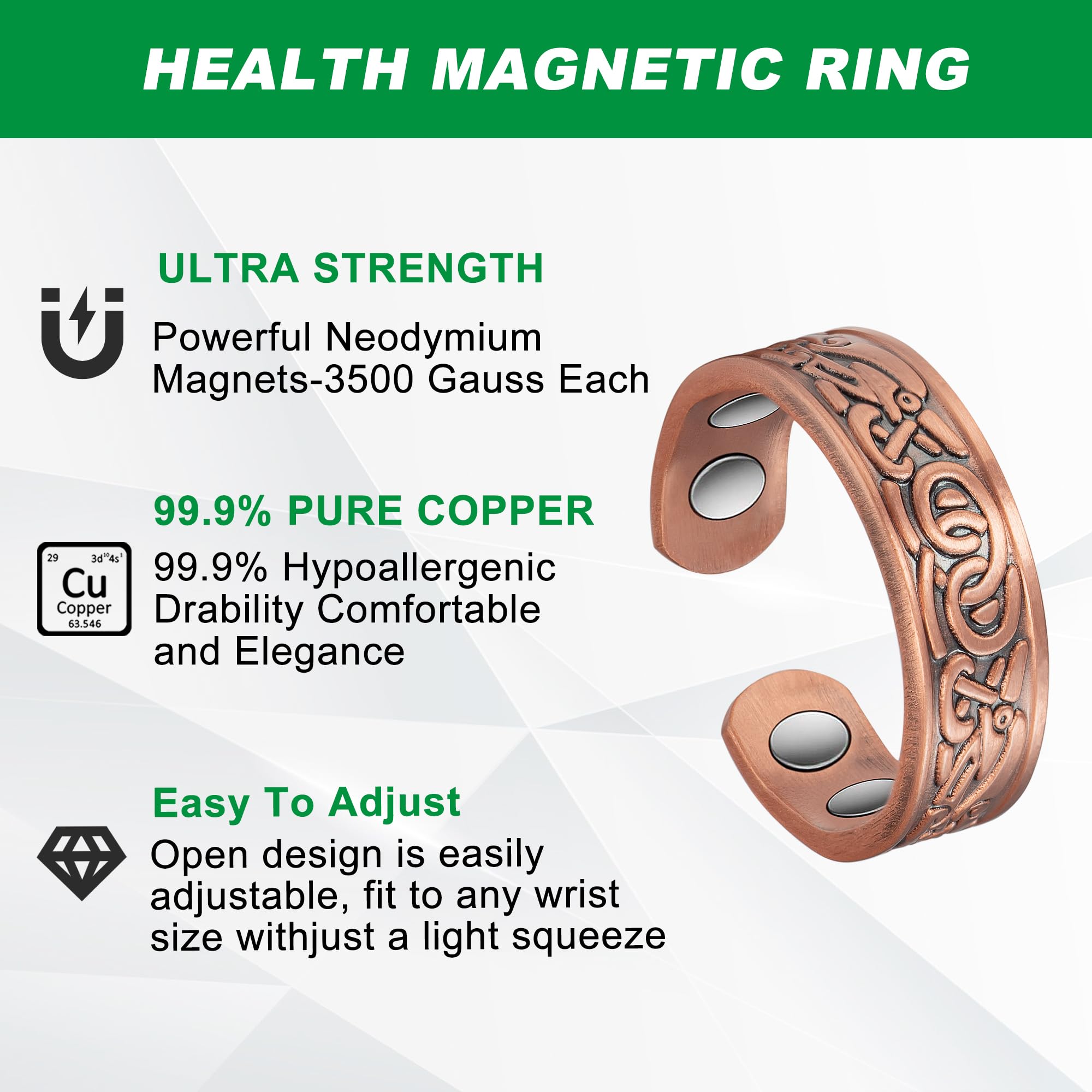 Wollet 99.9% Pure Copper Magnetic Ring for Women Men, Copper Rings with Magnets Adjustable Copper Ring Jewelry Gift
