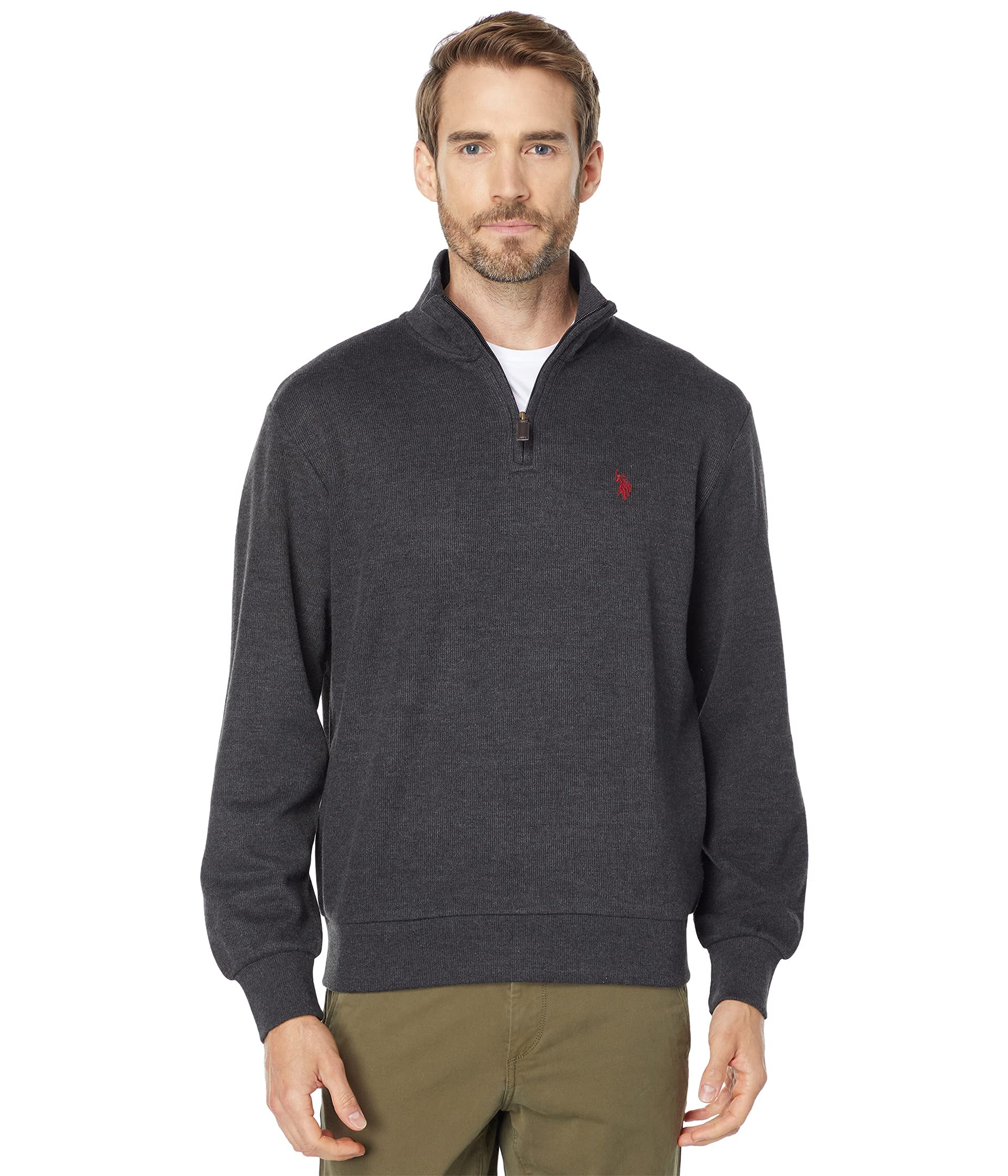 U.S. Polo Assn. Men's 1/4 Zip Mock Neck Flat Back Rib Pullover, Peached Black Heather, S