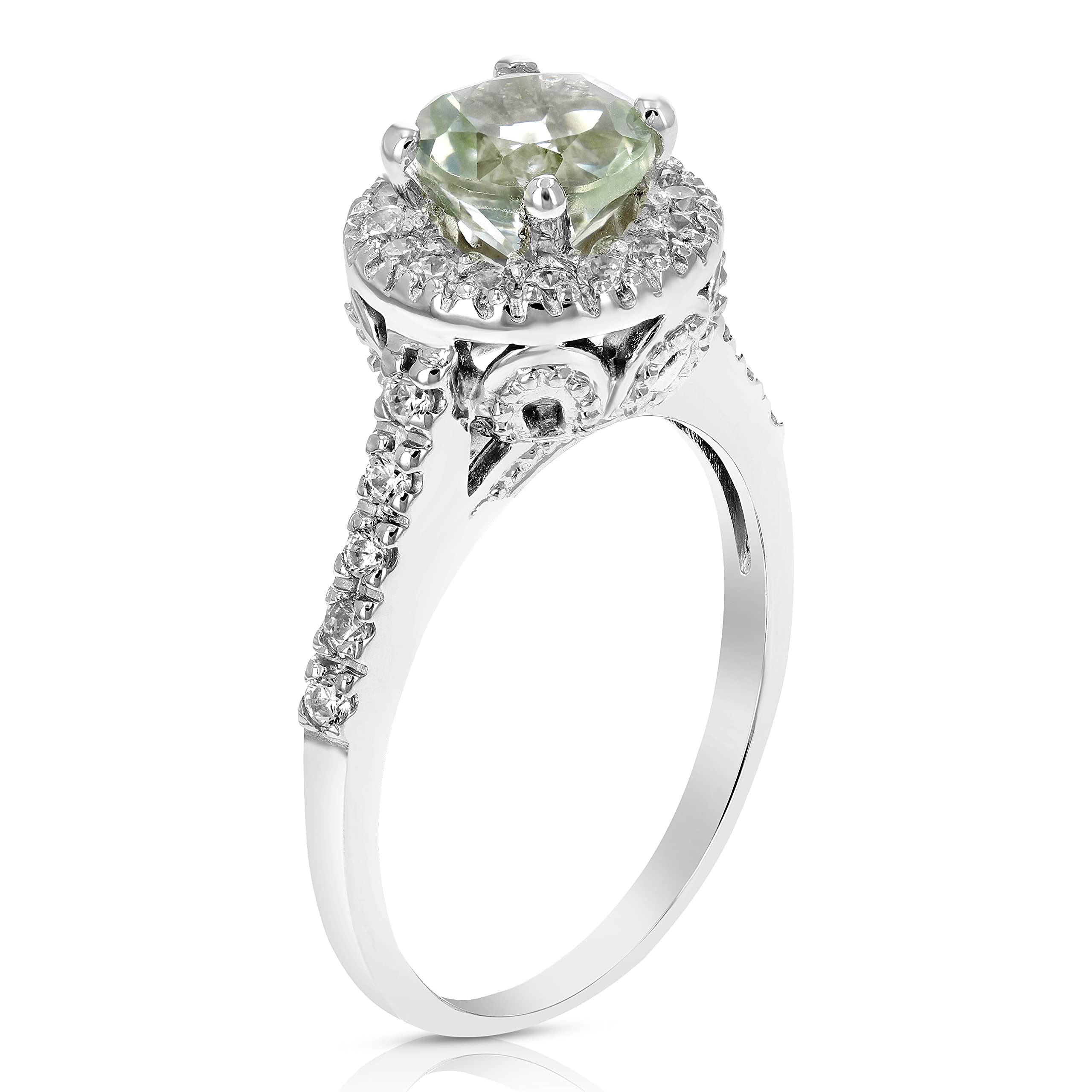VIR JEWELS 0.65 cttw Green Amethyst Ring .925 Sterling Silver with Rhodium Halo Style 7 MM Size 8