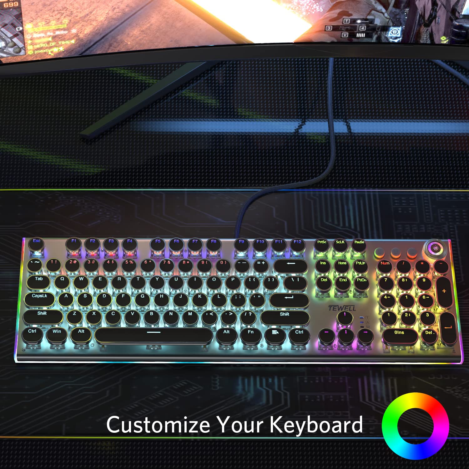 TEWELL Retro Typewriter Mechanical Gaming Keyboard with Tactile and Clicky Blue Switches, Rainbow Backlit with RGB Side Lights - Ultimate Gaming Performance
