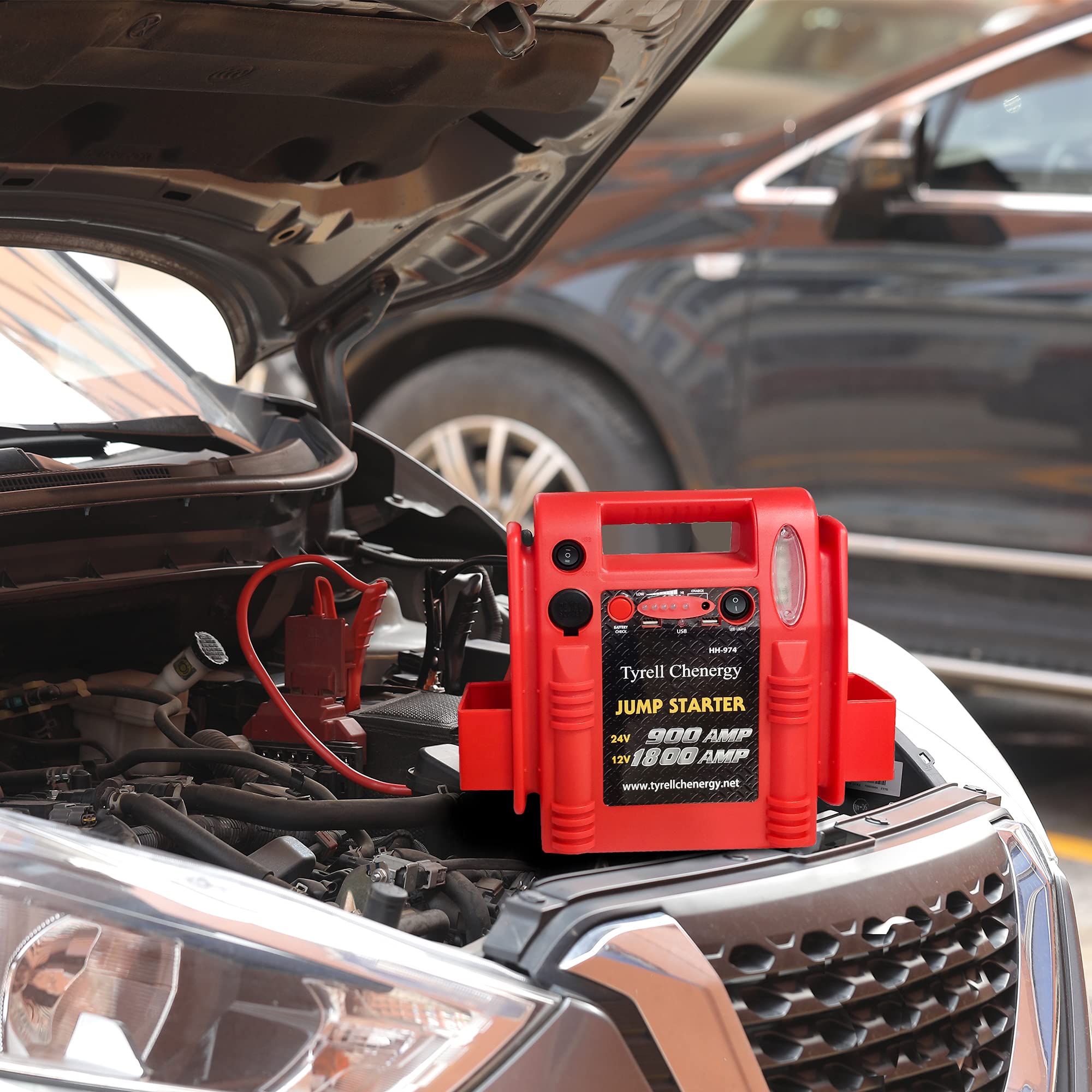 Tyrell Chenergy 1800/900 Peak Amp 12V/24V Jump Starter, Truck Battery Booster Pack, and Commercial Jumper Cables,Includes DC/USB Power for Charging Phones and Tablets,Jump Box Battery Clamps
