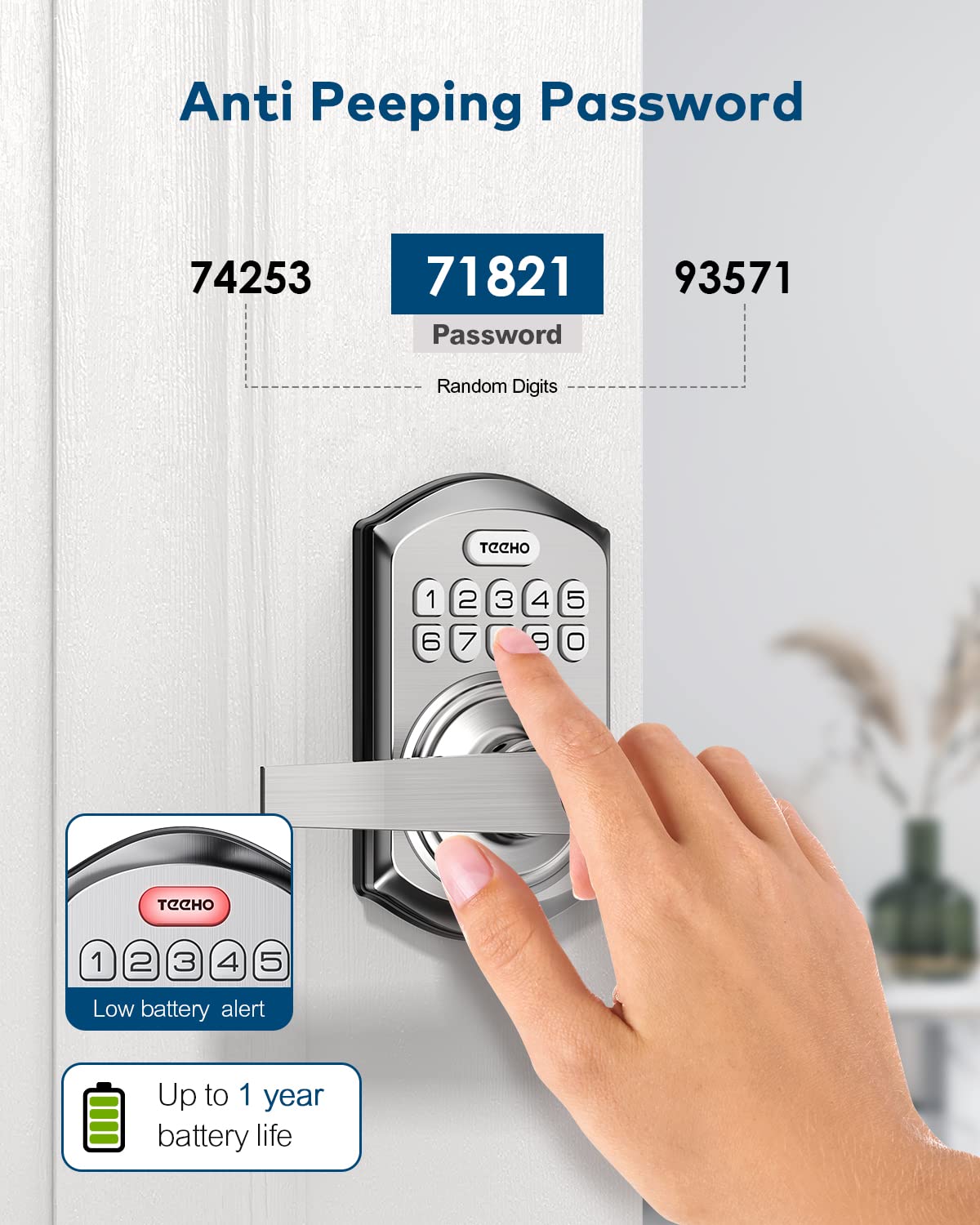 TEEHO TE004 Keyless Entry Door Lock with Handle, Electronic Keypad Lock, Digital Front Lock Set, Auto-Locking, Anti-peep Code Door Lever, Satin Nickel