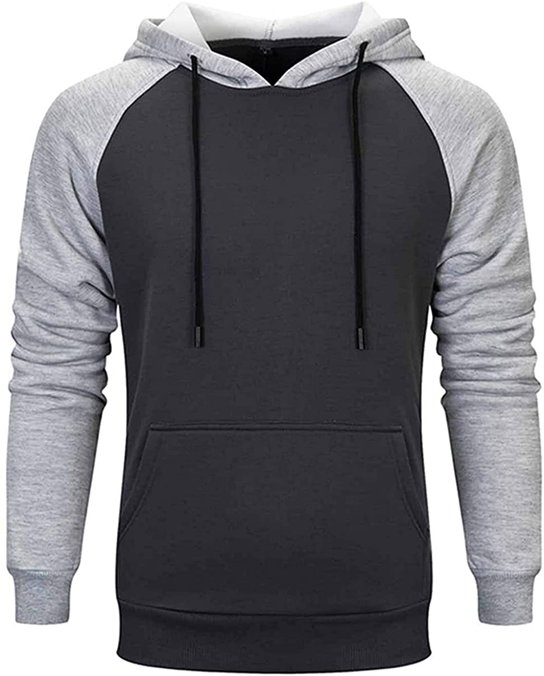 Wielsscca Mens Hoodies Patchwork Pullover Color Block Sweatshirts Casual Drawstring Tops with Pocket Dark Gray L