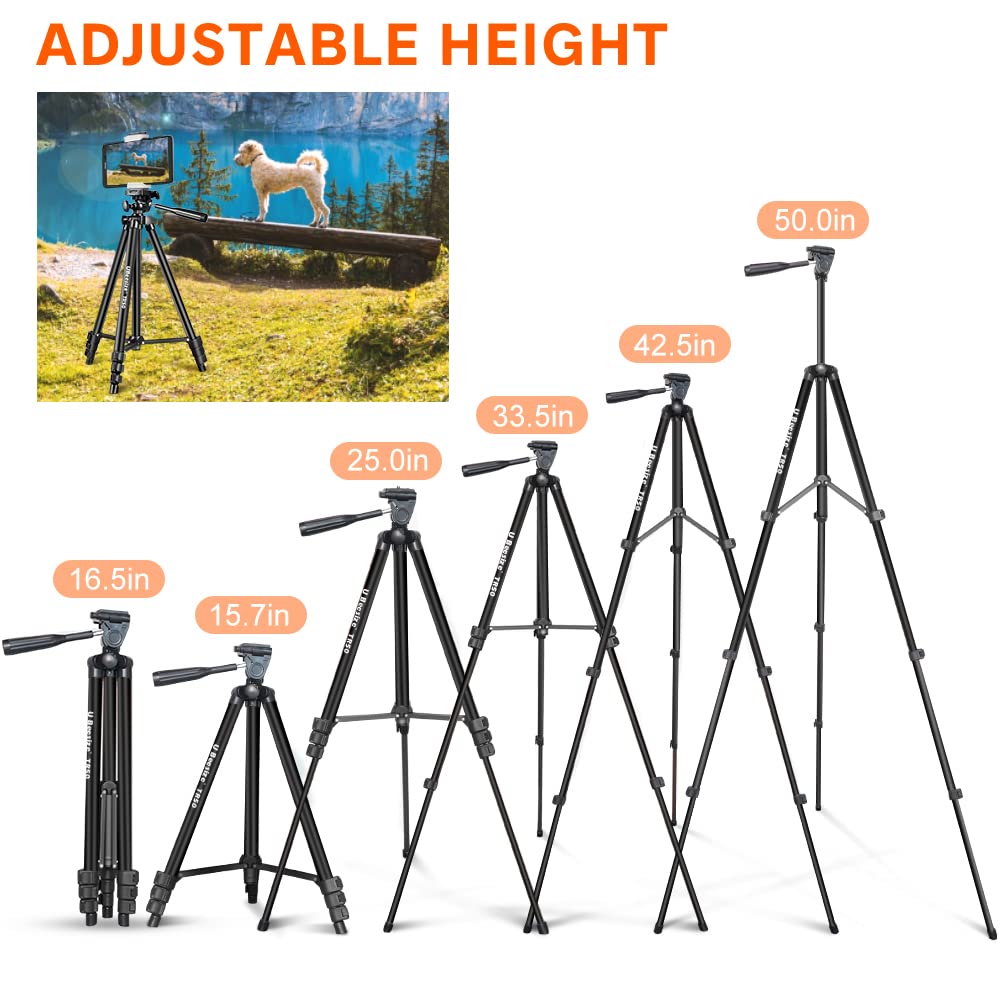 UBeesize Phone Tripod, UBeesize 50’’ Extendable Lightweight Aluminum Tripod Stand with Universal Cell Phone/Tablet Holder, Remote Shutter, Compatible with Smartphone & Tablet & Camera.