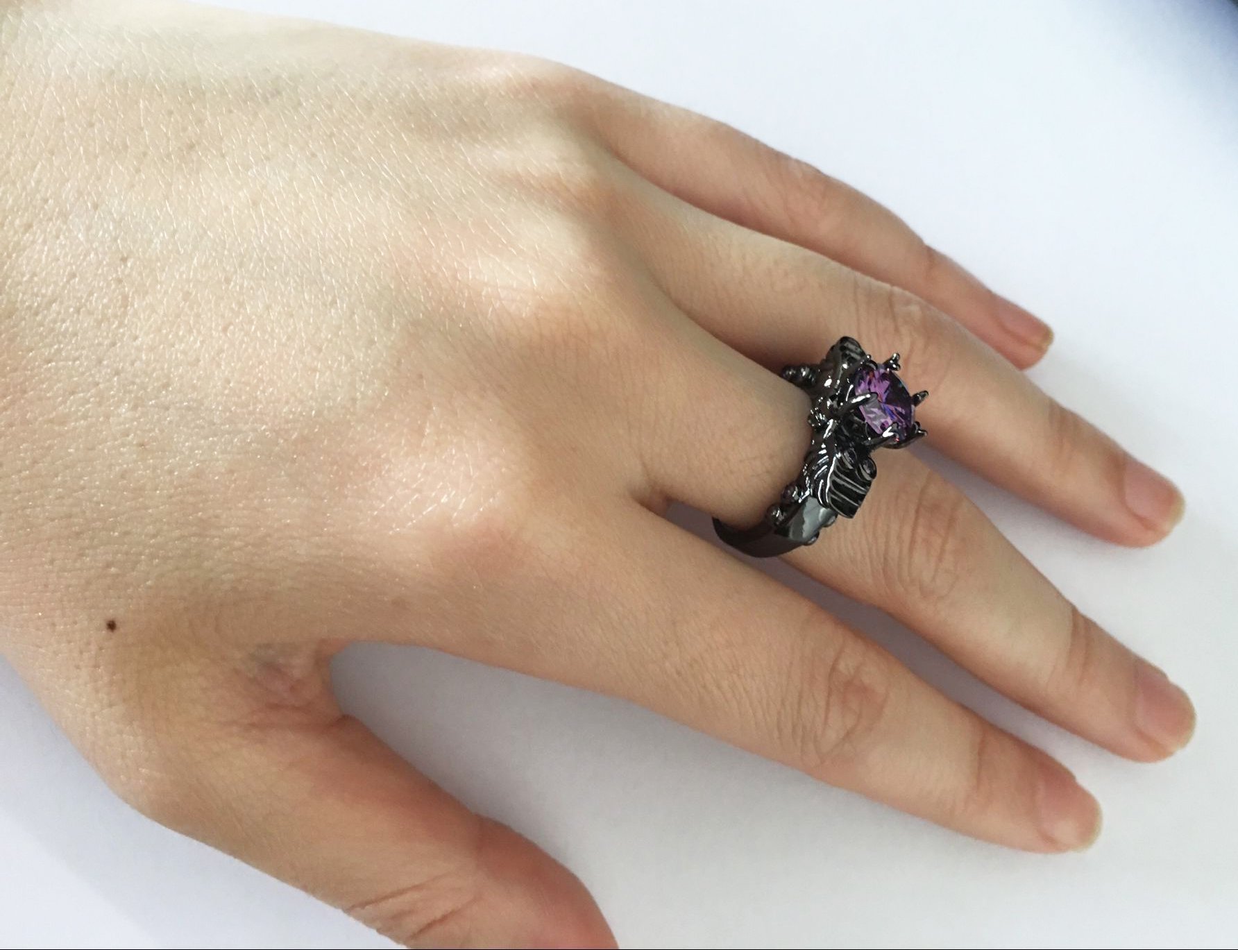 Vintage Black Gold Plated CZ Amethyst Gothic Skull Ring Purple Cubic Zirconia Retro Statement Cocktail Party Biker Rings (9)