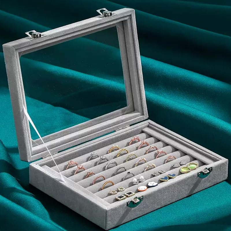 Velvet Glass Jewelry Display Storage Box Ring Earrings Tray Organizer Ring Holder Necklace Jewelry Box (Ring Tray)