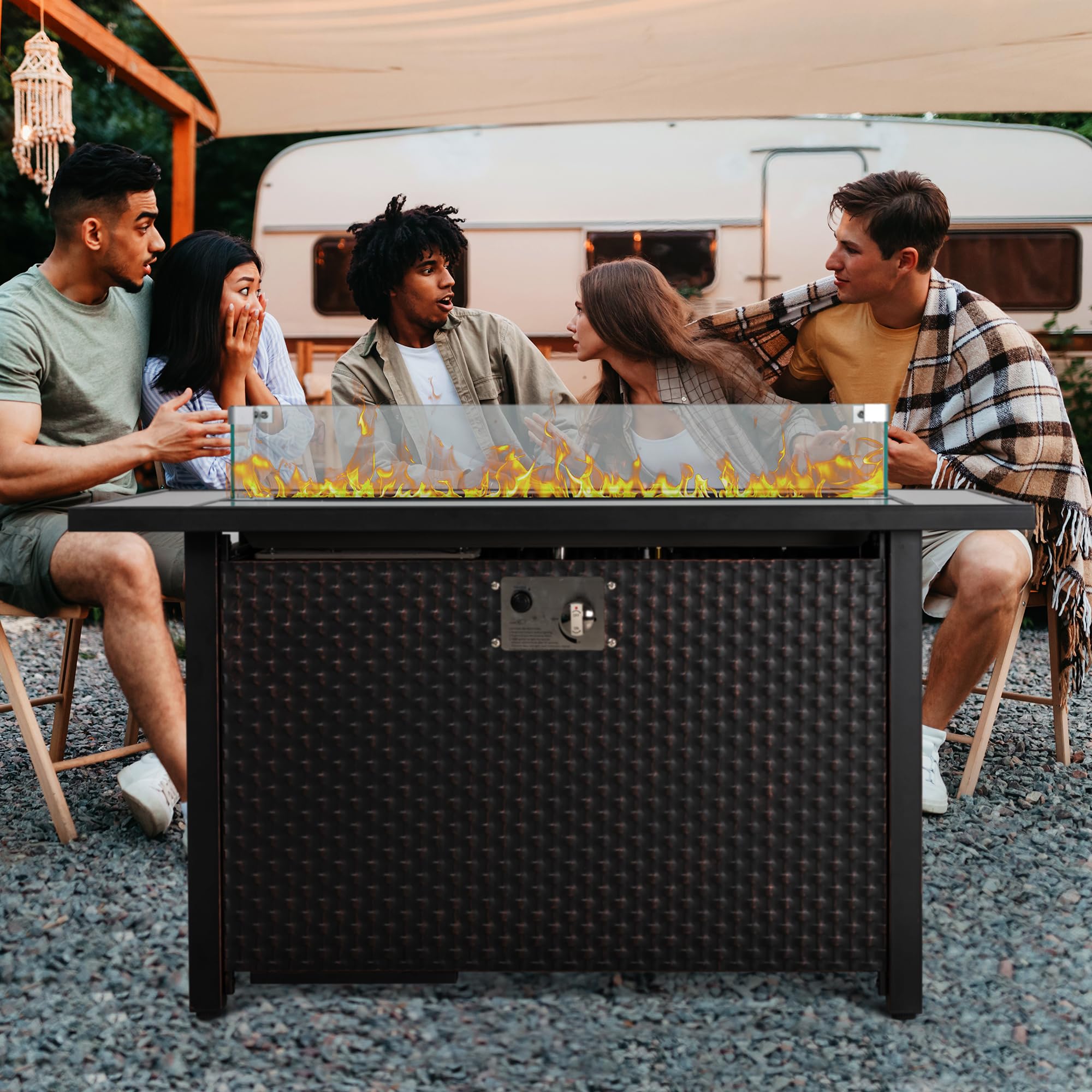 SUNLEI 45" Propane Fire Pit, Outdoor Fire Pit Tables Rectangular Tabletop with Lid and Blue Fire Glass, 50000 BTU Glass Wind Guard and Tables for Outside Patio, BackyardâŚ