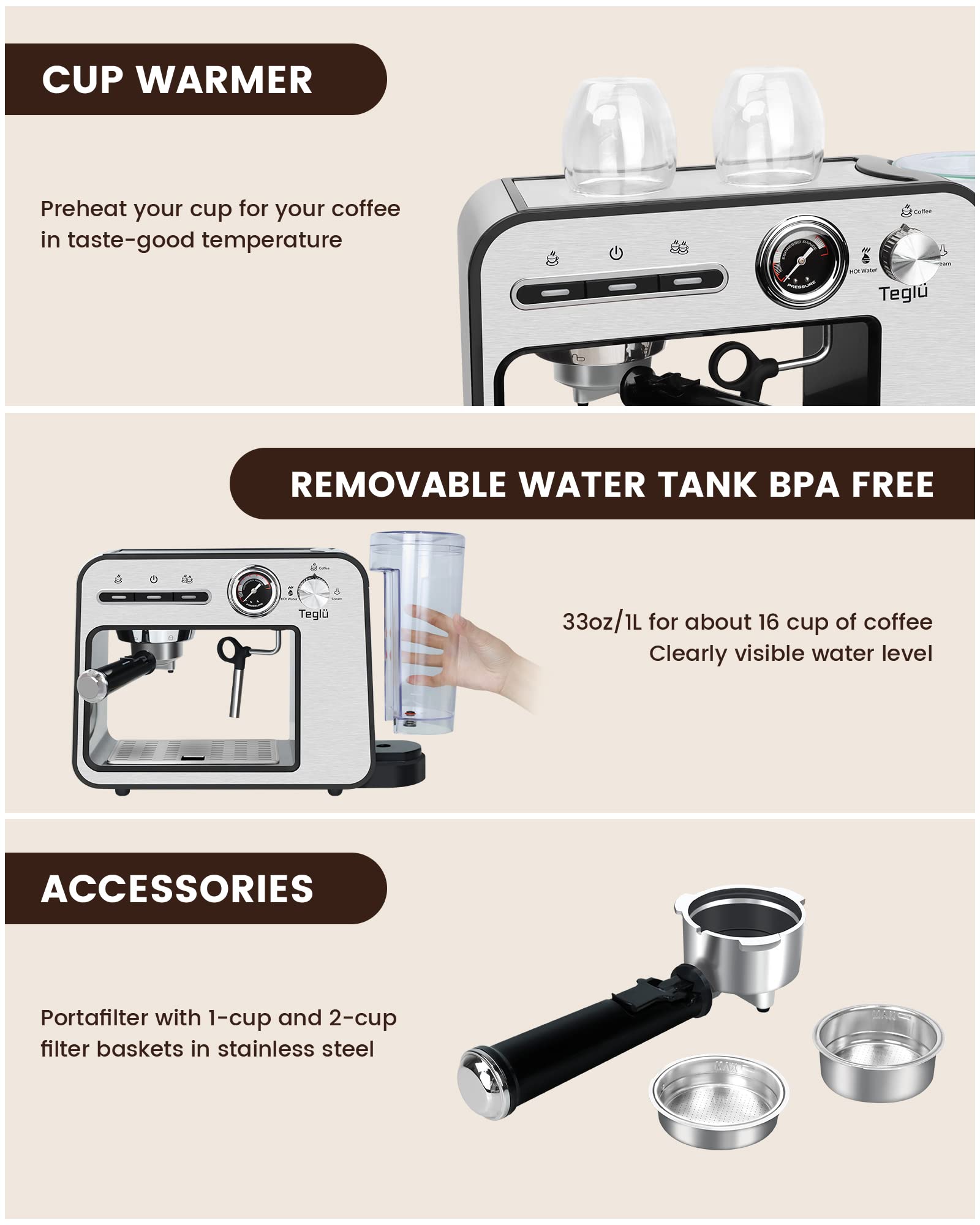 Teglu Espresso Machine 20 Bar with Milk Frother, Semi-Automatic Latte & Cappuccino Coffee Maker Duo-cup 33oz/1L Removable Water Tank for Home/Office, 1450W, ST-693B, Stainless Steel-Black